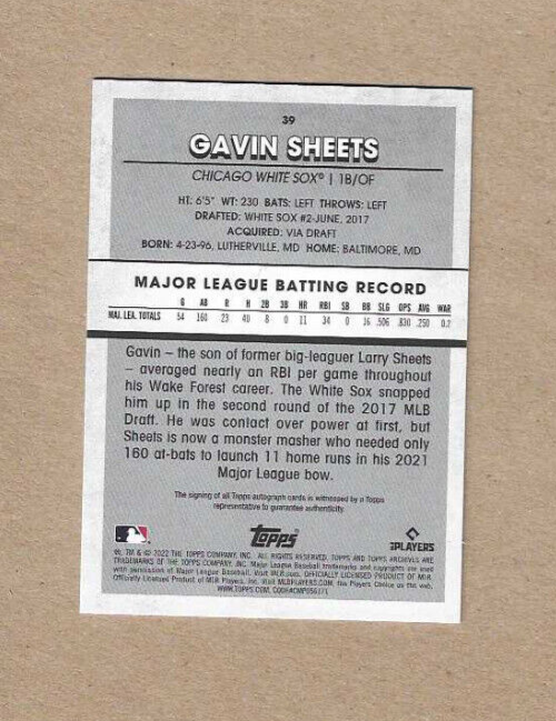Gavin Sheets RC rookie card 2022 Topps Archives Snapshots #39 auto ...