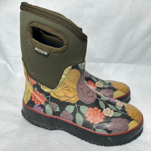 Bogs Classic Mid Le Jardin Green Floral Rain Boots Rubber Waterproof ...