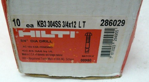 HILTI Kwik Bolt KB3 3/4" x 12" LT Stainless Expansion Anchor (10 PCS ...
