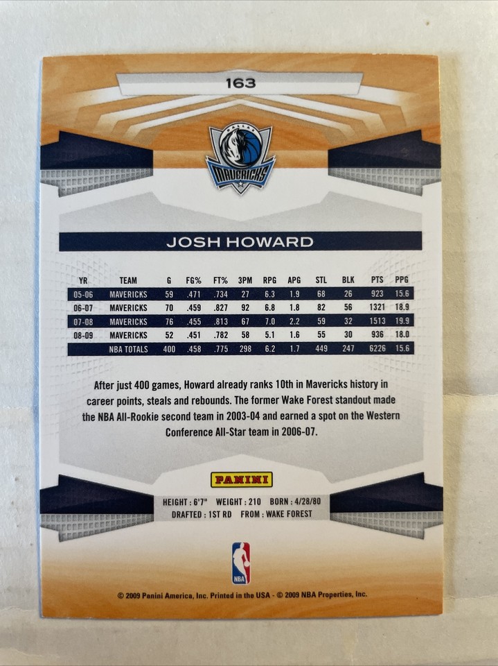 2009 Panini Josh Howard Autographed Card Dallas Mavericks #163 CB1144 ...