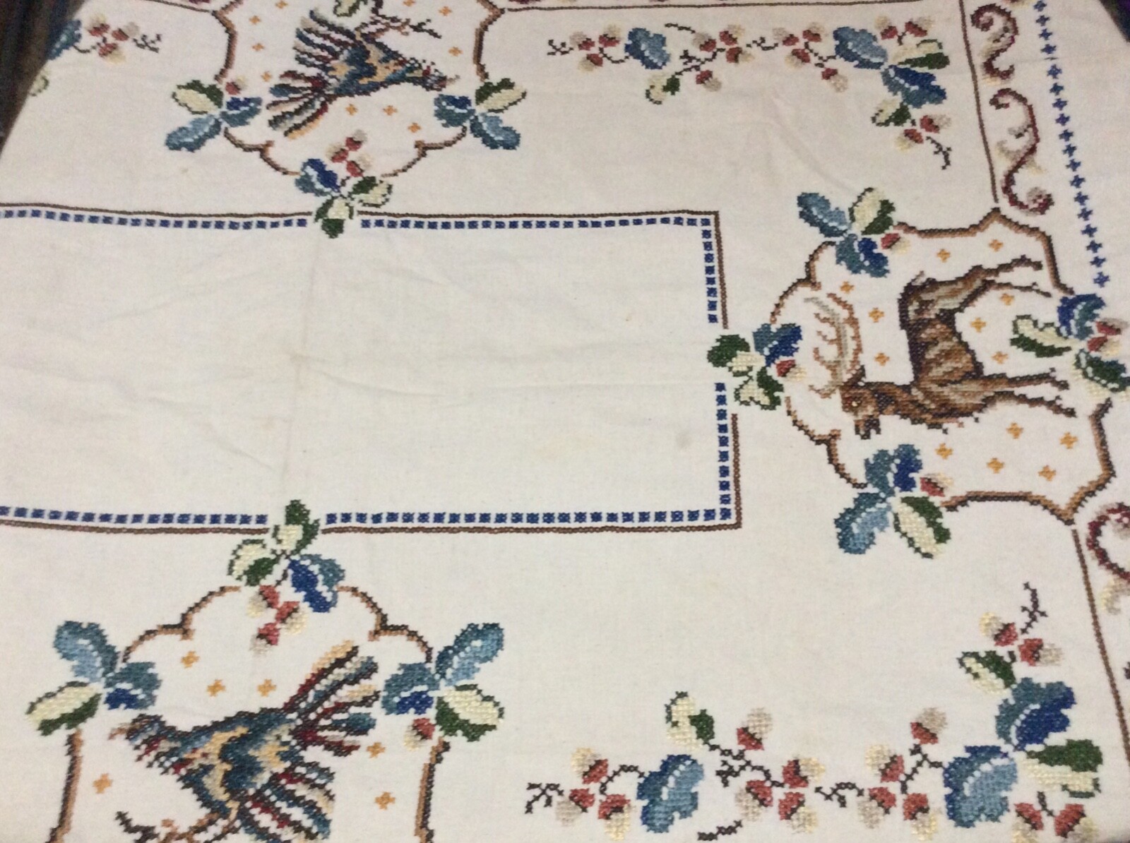 Vintage Embroidered / Cross Stitch Deer & Turkey Tablecloth Crochet ...
