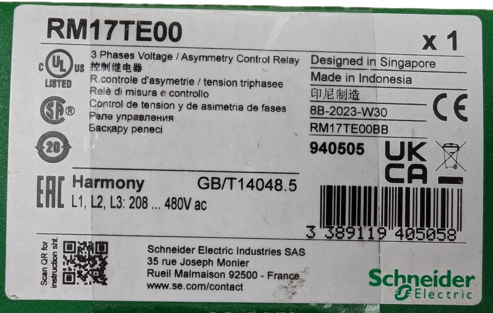 Schneider RM17TE00 3 Phase Supply Control Relay 208 to 480Vac 5A DIN ...