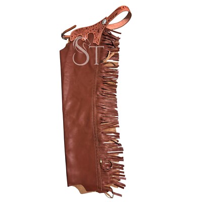 Western Long Chaps Cowhide Leather Horse Riding Chinks Tooled Yoke Free ...