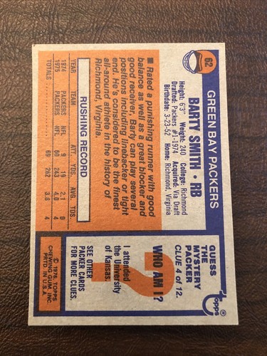 1976 TOPPS BARTY SMITH #62 GREEN BAY PACKERS FOOTBALL CARD | eBay