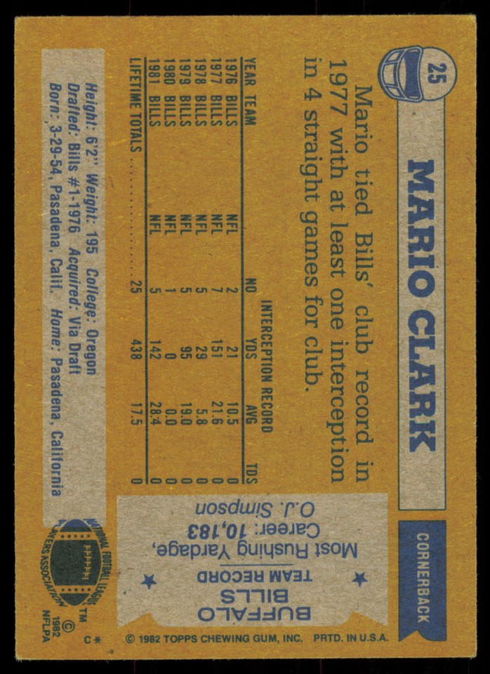1982 Topps Football #25 Mario Clark Buffalo Bills | eBay