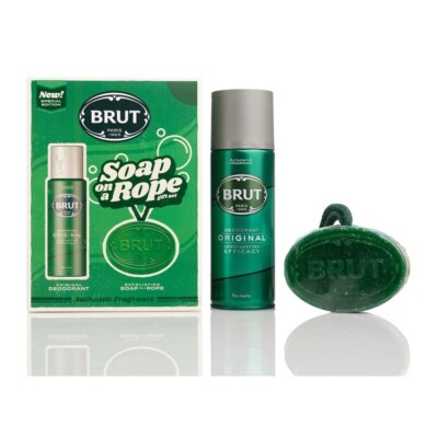 Brut Aftershave Gift Set 200ml Deodorant Spray & 150g Soap On A Rope ...