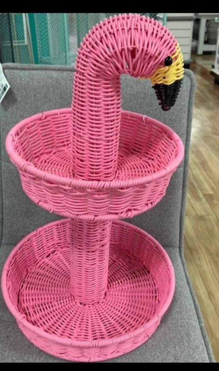 Ciroa Hello Summer Pink Flamingo 2 Tier Serving Stand Resin Wicker NWT ...