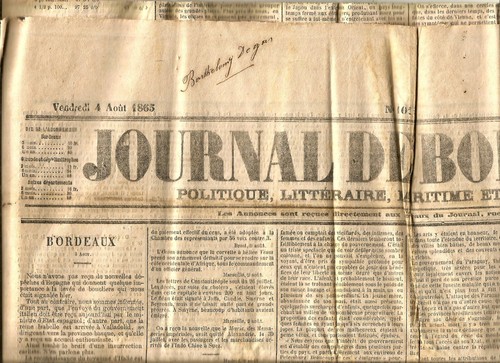 Rare journal de Bordeaux Aout 1865. 4 pages lire état pour description ...