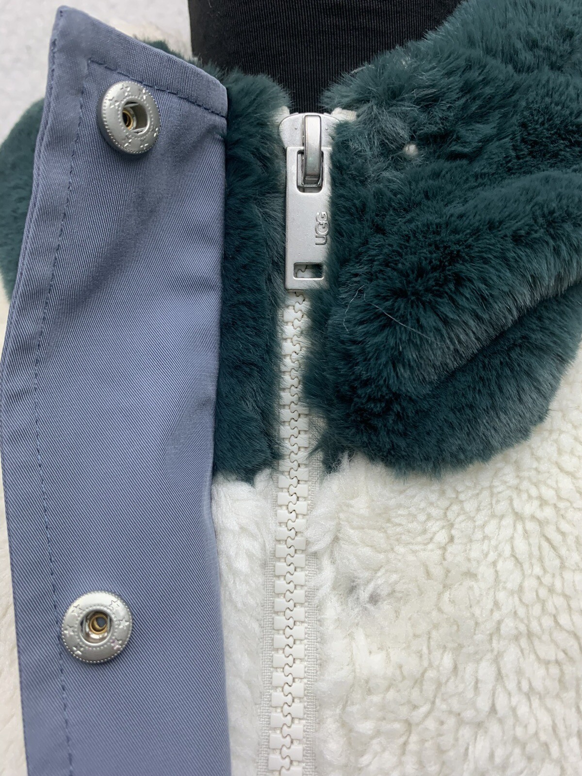 NEW UGG LETTY SHERPA BLOCK COAT JACKET BEIGE TEAL FULL LENGTH FAUX FUR ...