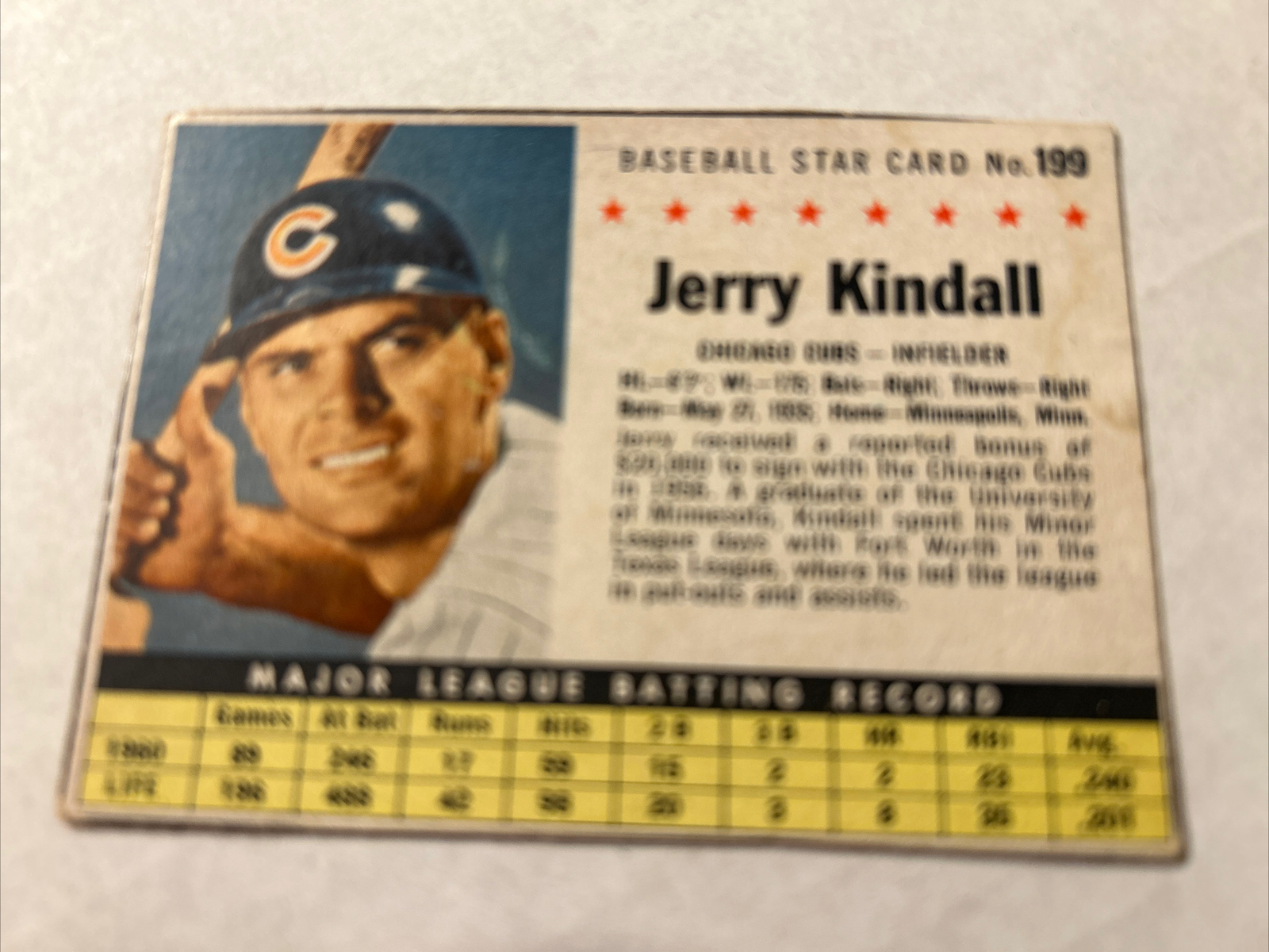 1961 Post Baseball Card #199 Jerry Kindall Chicago Cubs Free Shipping ...