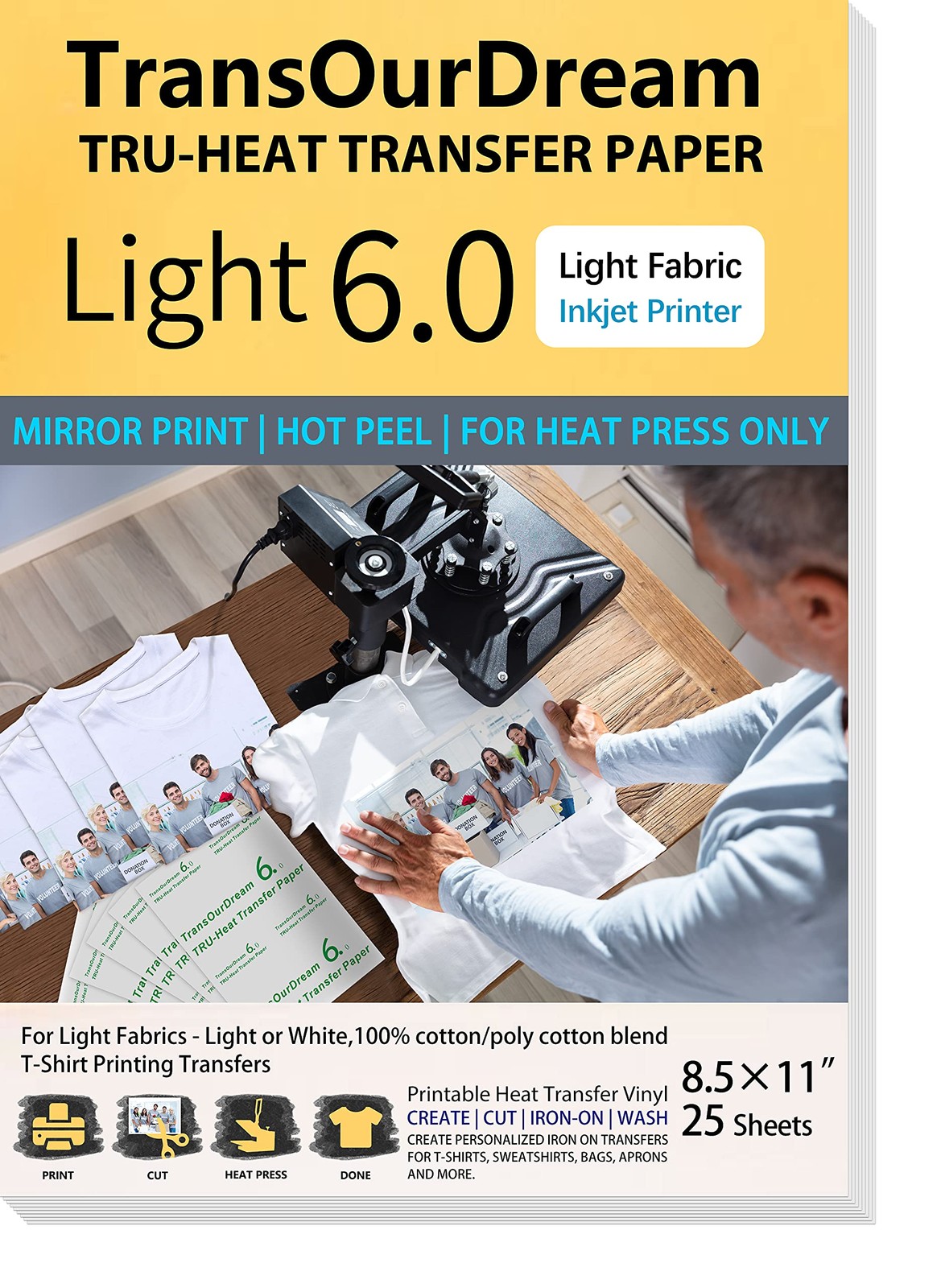 Heat Transfer Paper for Heat Press 25 Sheets 8.5x11 Light 6.0 Printable ...