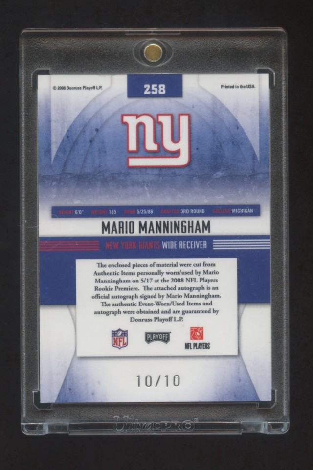 2008 ABSOLUTE MARIO MANNINGHAM RC AUTOGRAPH #ED 10/10 GAME PATCH ...