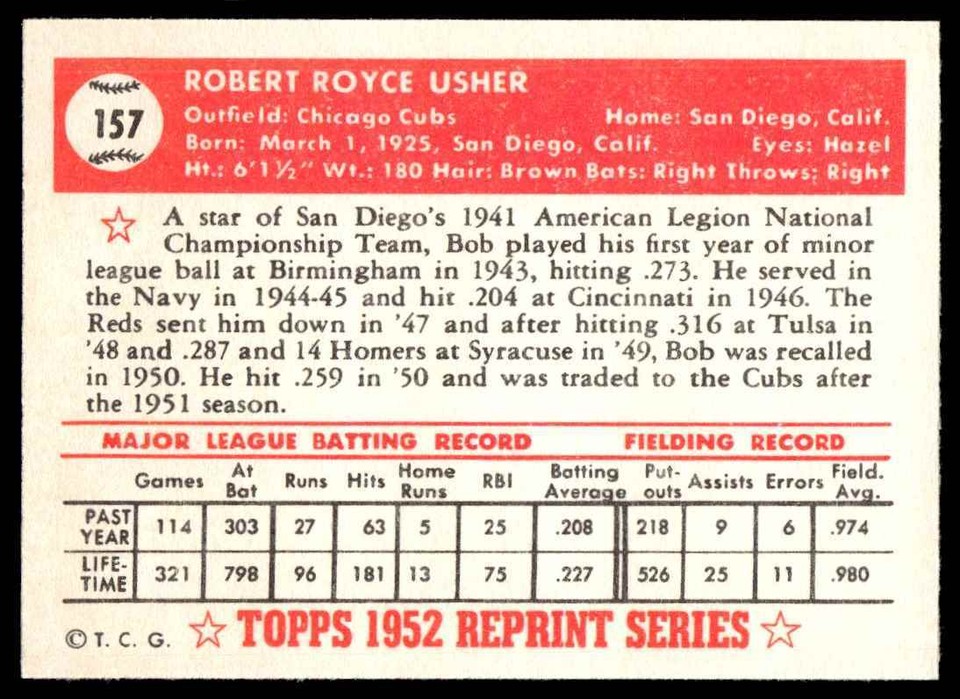 1983 Topps 1952 Reprint Series Bob Usher Chicago Cubs #157 | eBay