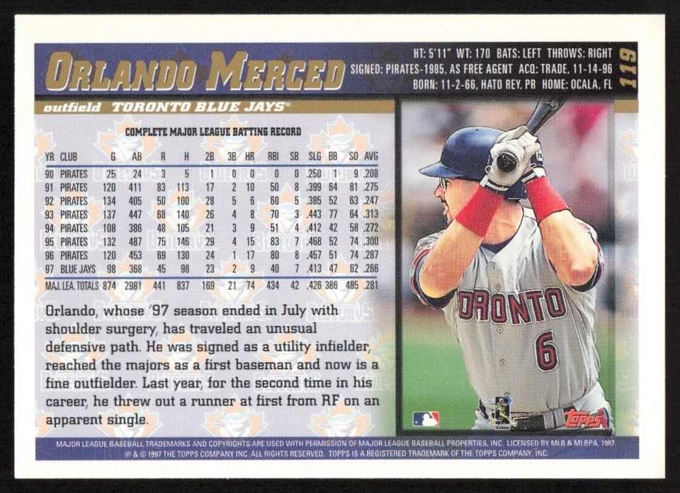 1998 Topps Baseball Orlando Merced #119 Toronto Blue Jays | eBay