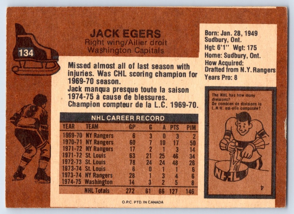 JACK EGERS 1975-76 O-PEE-CHEE 75-76 NO 134 EXMINT 52942 | eBay