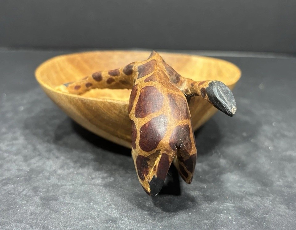 Giraffe Hand Carved Wood Bowl Giraffe Drinking Trinket Dish Art Piece ...
