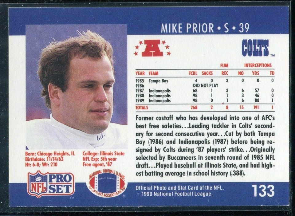 1990 Pro Set Football Mike Prior #133 Indianapolis Colts | eBay