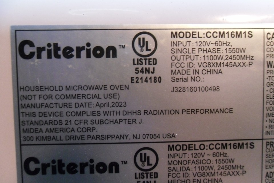 Microwave Oven Criterion CCM16M1S 1.6 Cu. Ft. 1100 Watt | eBay