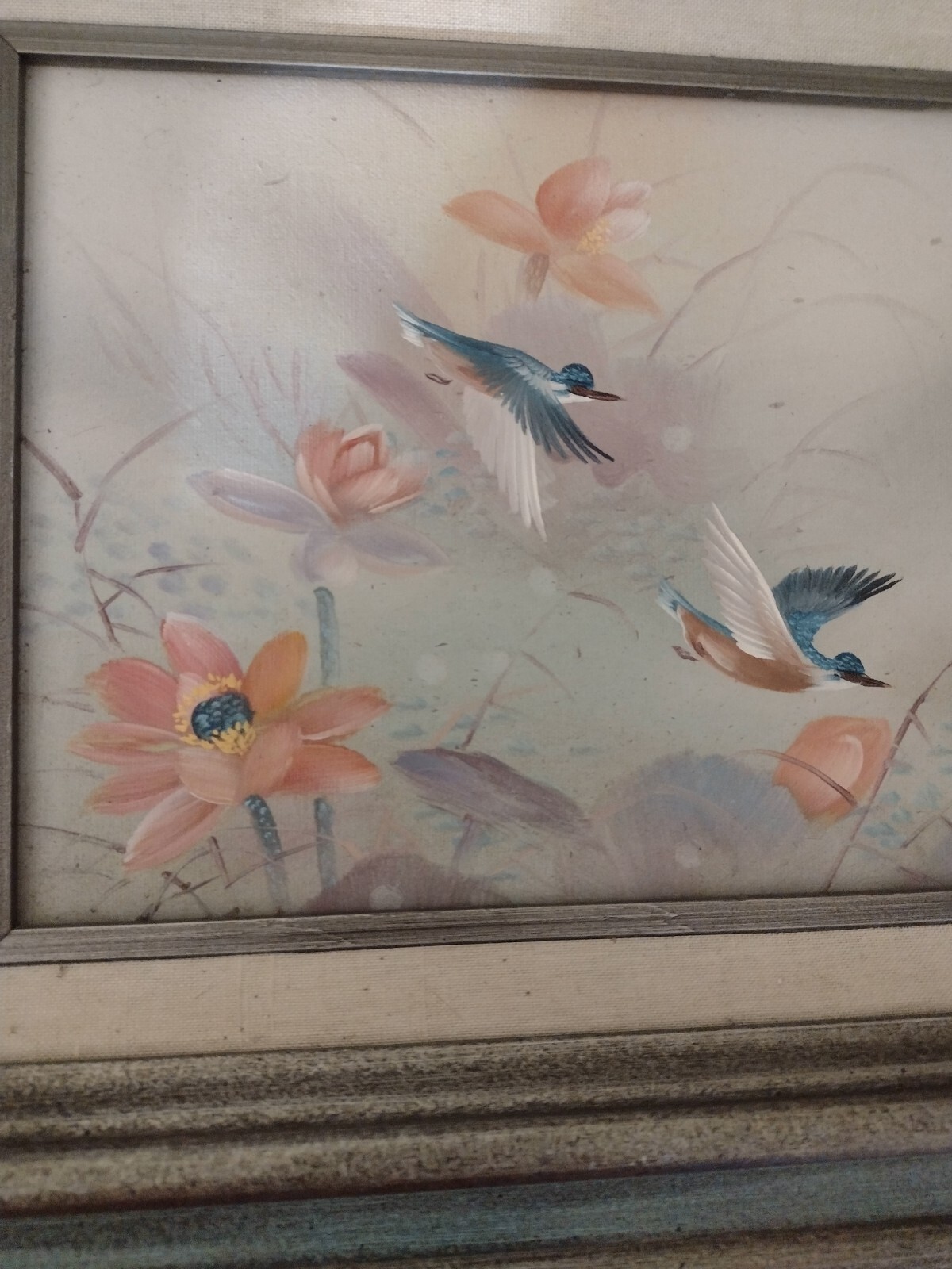 vintage Oil Painting on Canvas signed By Raymond birds/flowers framed ...