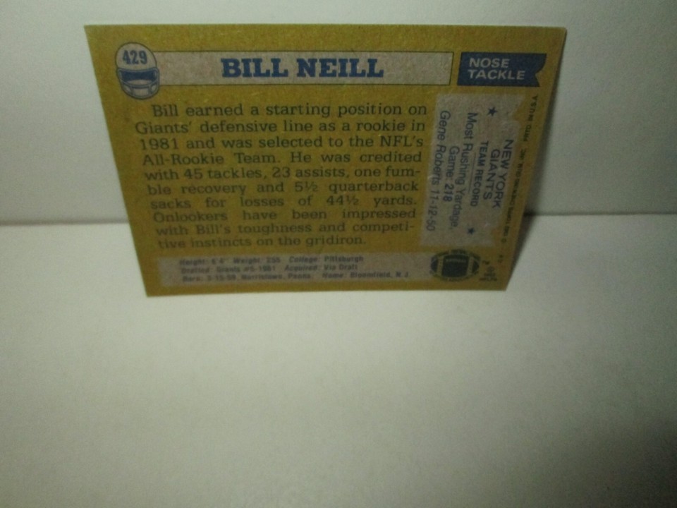 BILL NEILL 1982 Topps Card #429 Rookie Rc Pitt NEW YORK GIANTS NT NM | eBay