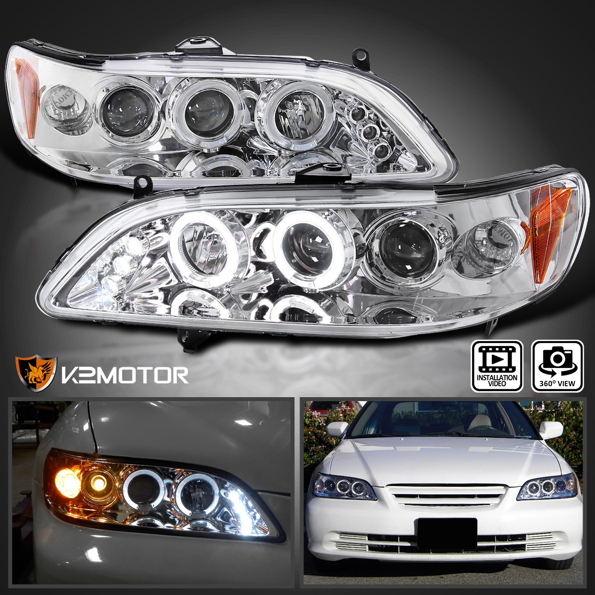 1998-2002 Honda Accord 2/4Dr LED Halo Projector Headlights Lamps L+R ...