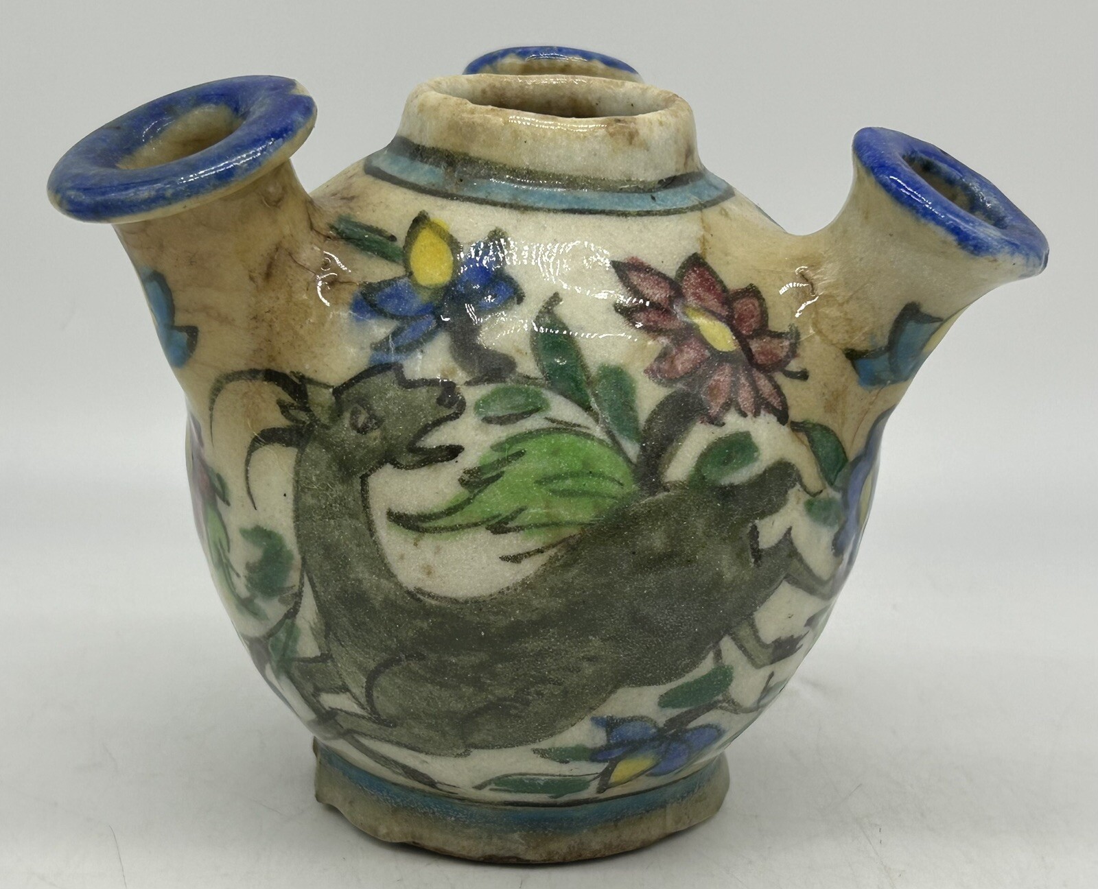 Antique Persian Qajar Hand Painted Tulip Vase, Deer or Goat & Flowers ...