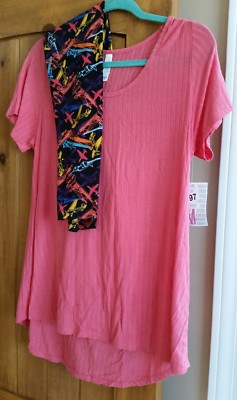 NWT LuLaRoe Medium Classic T and OS Leggings Rainbow Bright Neon Planes ...