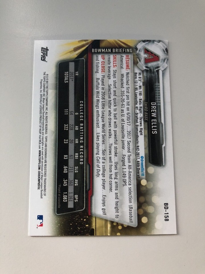 2017 Bowman Drew Ellis #BD158 Auto Signed Autograph Dbacks | eBay