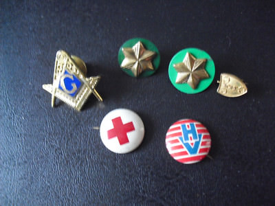 Lot of 6 Vintage Tin and Metal Pins Pinbacks Army Stars Red Cross Mason ...
