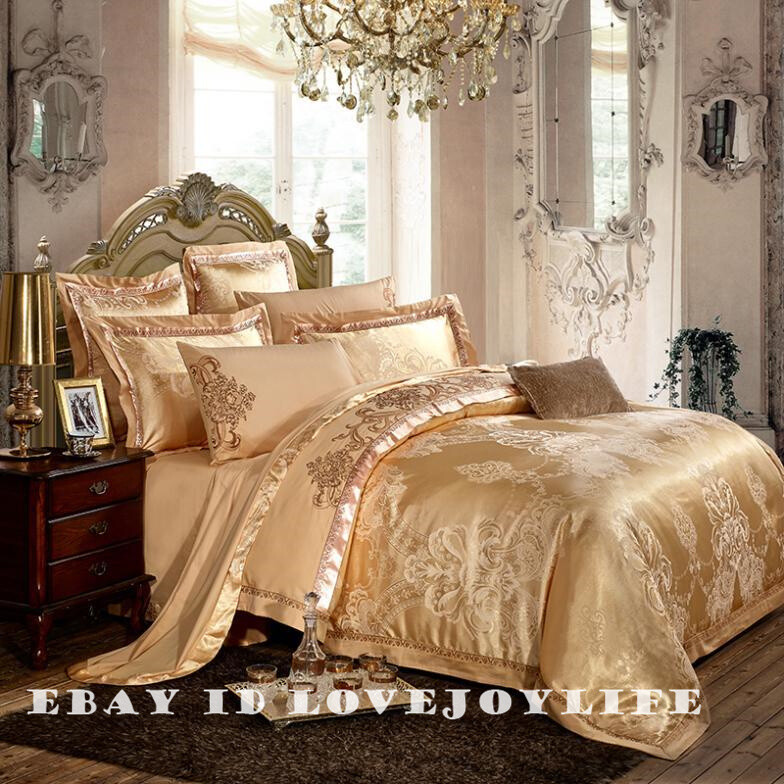 Sliver Gold Luxury Silk Satin Jacquard Duvet Cover Bedding Set ...