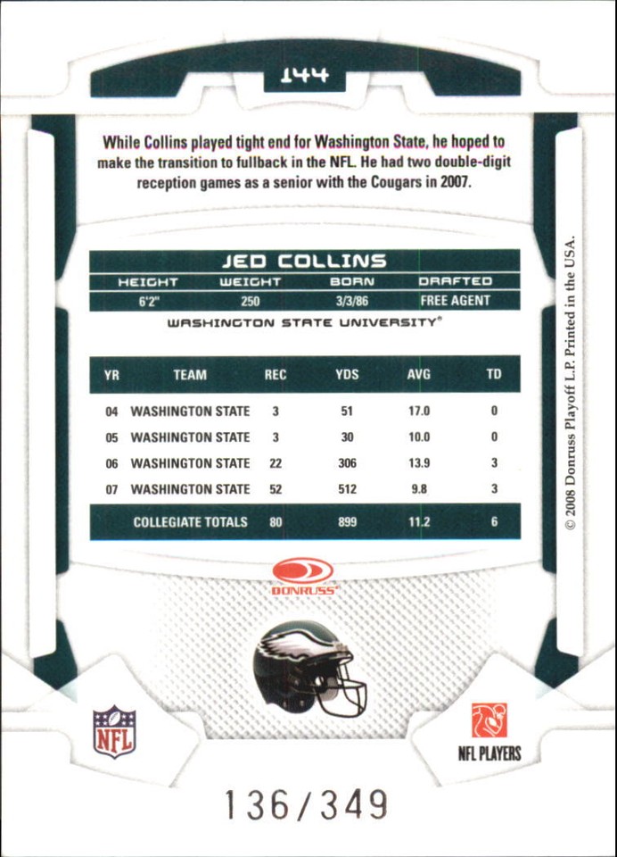 2008 Leaf Rookies and Stars Gold Eagles Football Card #144 Jed Collins ...