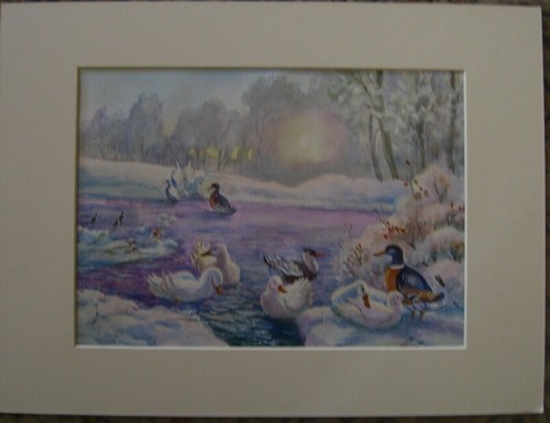 Watercolor Ducks in Winter by the Stream Sunset Signed Alex Wohl ...