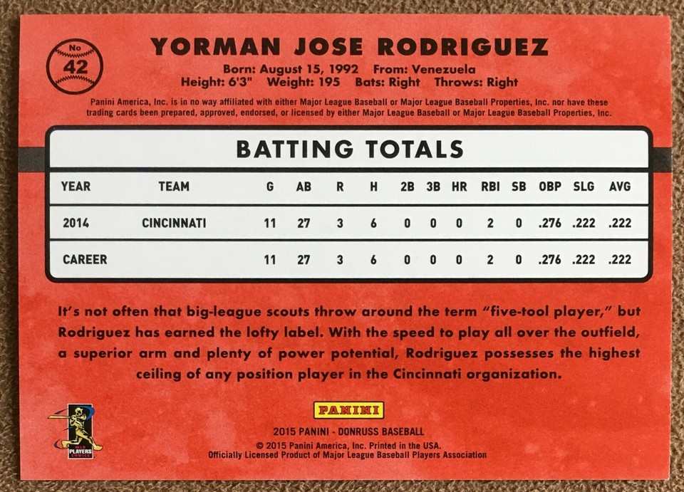 Yorman Rodriguez 2015 Donruss Rated Rookie Press Proof Gold #42 /99 Red ...