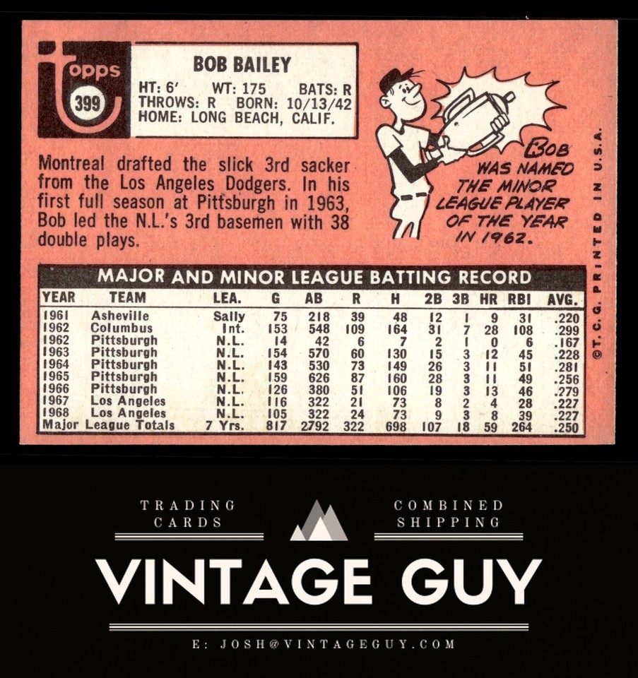 1969 Topps #399 Bob Bailey Vintage Montreal Expos Baseball Card | eBay
