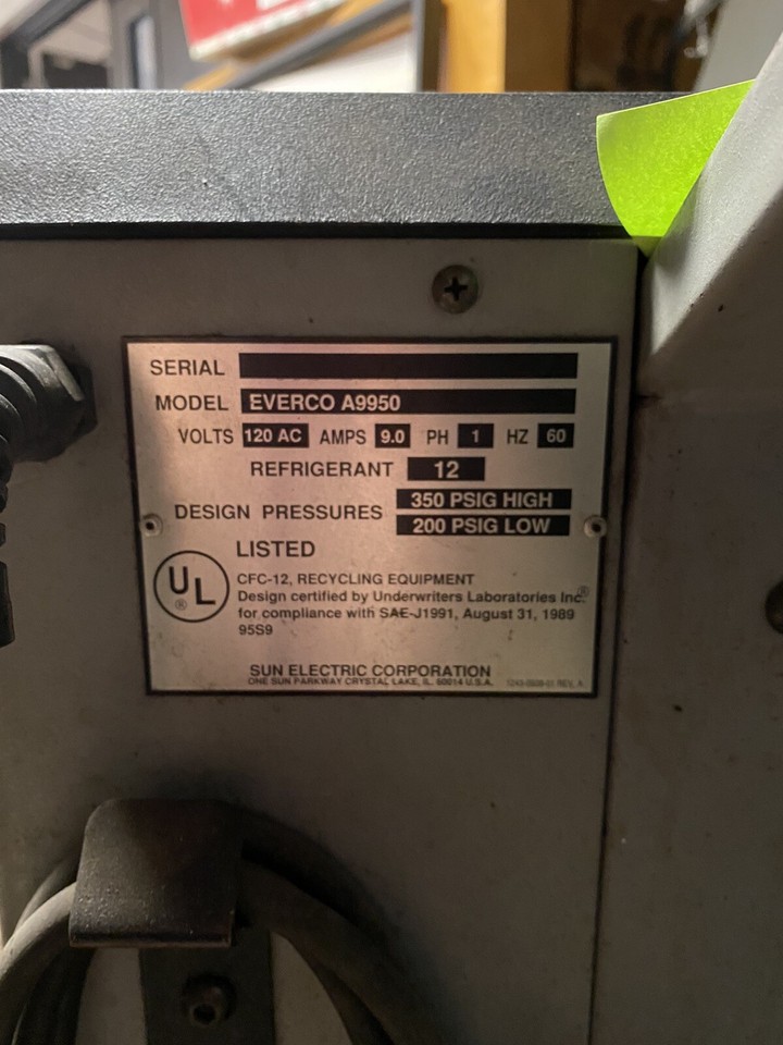 Everco A9950 RCFC-12 Recycling Refrigerant Recovery Recharging Machine ...