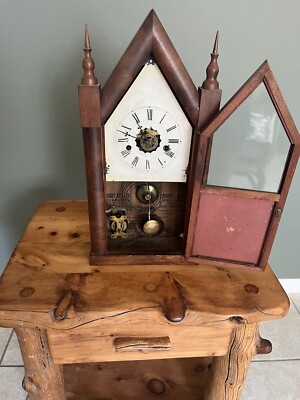 Antique Wm Gilbert Gothic Mahogany Reverse Painted Mantel Steeple Clock ...
