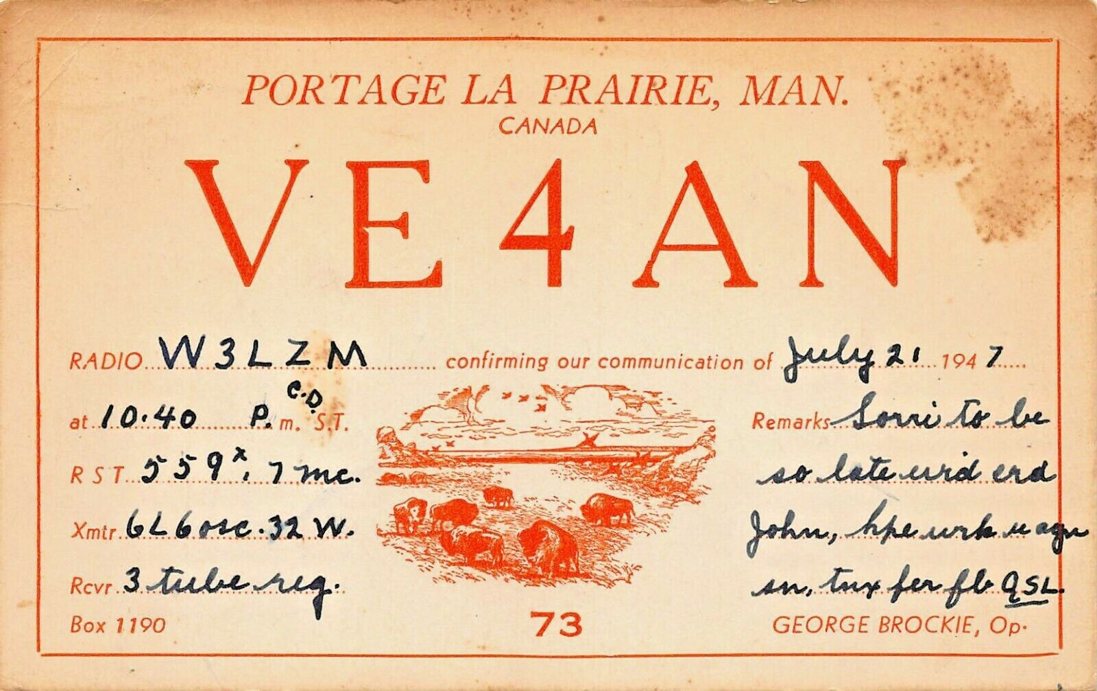 PORTAGE LA PRAIRIE MANITOBA CANADA~GEORGE BROCKIE~VE4AN~1947 QSL ...