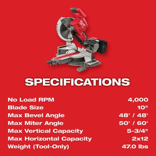 Milwaukee 2734-20 M18 FUEL 18V 10" Dual Bevel Carbide Blade Miter Saw ...