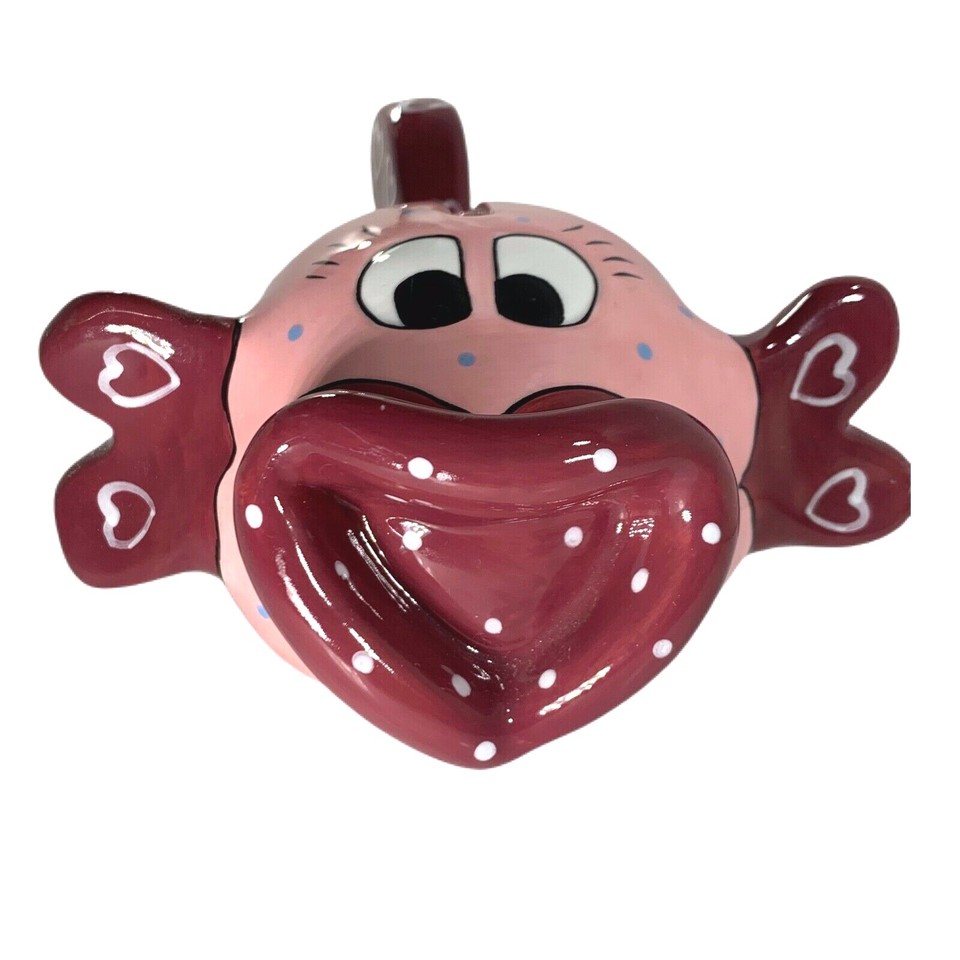 Smoochie Kissing Fish Ceramic Figure Coin Bank Pink Hearts Hand Painted ...