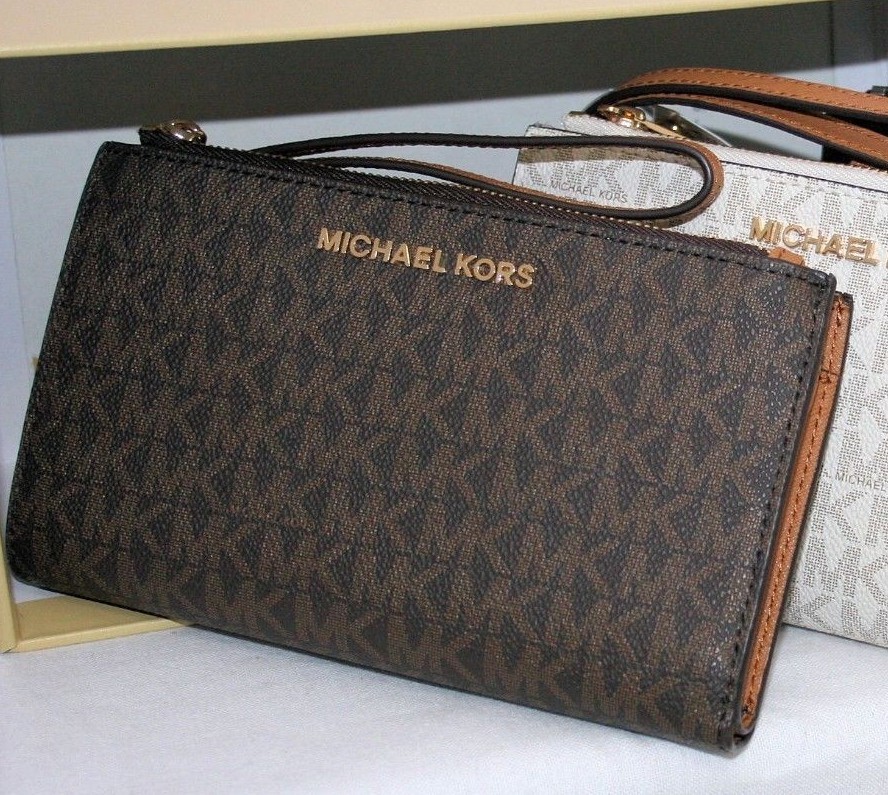 New Michael Kors MK Signature Double Zip Phone Case Wallet Wristlet ...