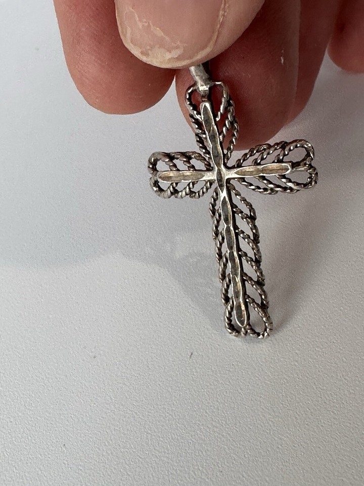 Sterling Cross Open Hearts Filigree Pendant Diamond Cut Silver Signed ...