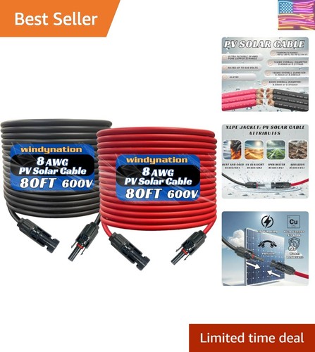 8 AWG 8 Gauge Pair 80 Feet Black + 80 Feet Red PV Photovoltaic Solar ...