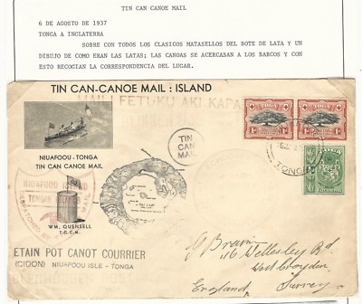 Tonga: 1937; Interesting cover tin can canoe mail, all classic postmark ...