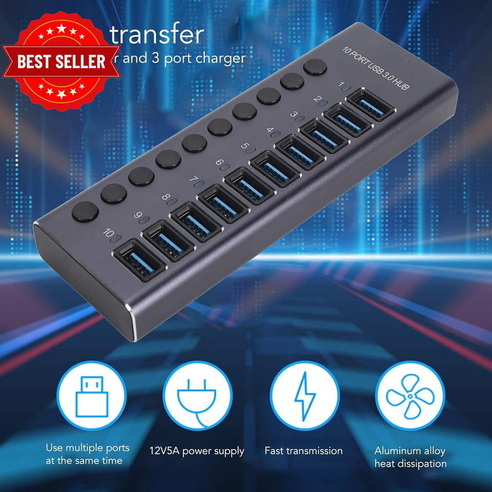 Powered USB Hub 3.0 with 60W Power Adapter, 10 Port USB Hub Compatible ...