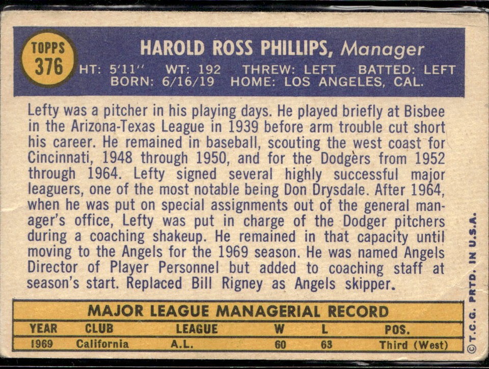 1970 Topps #376 Lefty Phillips VG/Poor | eBay