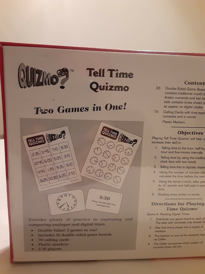 QUIZMO TELL TIME EDUCATIONAL BINGO GAME -NEW- CLASSROOM/HOMESCHOOL | eBay