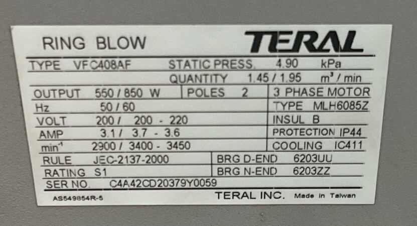 Teral Ring Blow Motor VFC408AF 3phase, 2pole, 200/200-220V | eBay