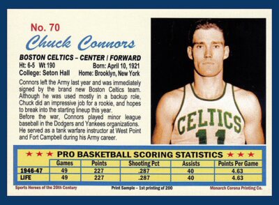 Chuck Connors Boston Celtics / rookie year MC 20th Century / FREE SHIP ...