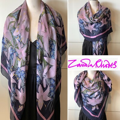 ZANDRA RHODES 100% Silk Chiffon Navy,Pink Floral Scarf 123cmx123cm ...