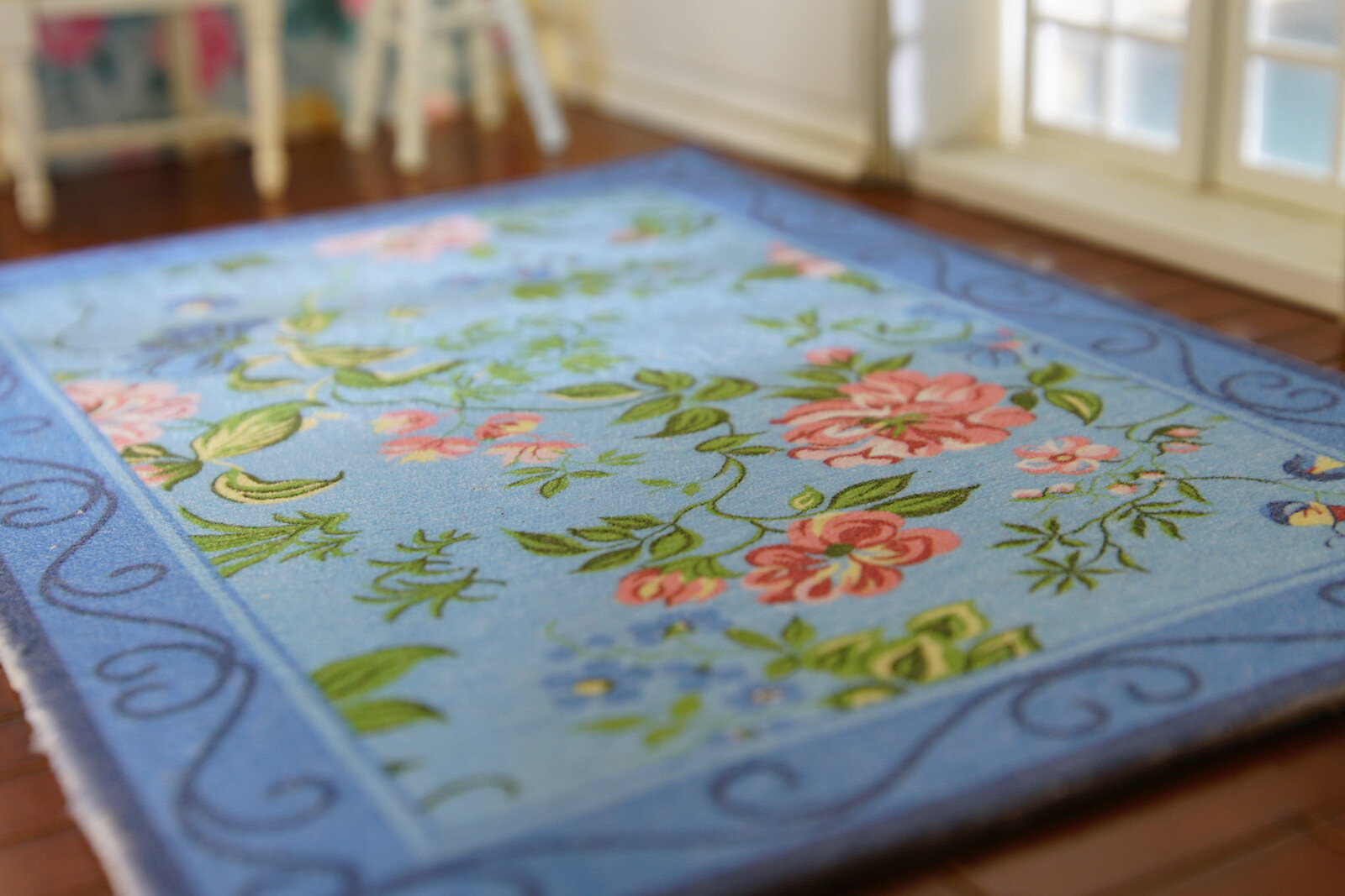 Beautiful Blue Dollhouse Rug French Country Theme Floral Green Leaves 1 ...